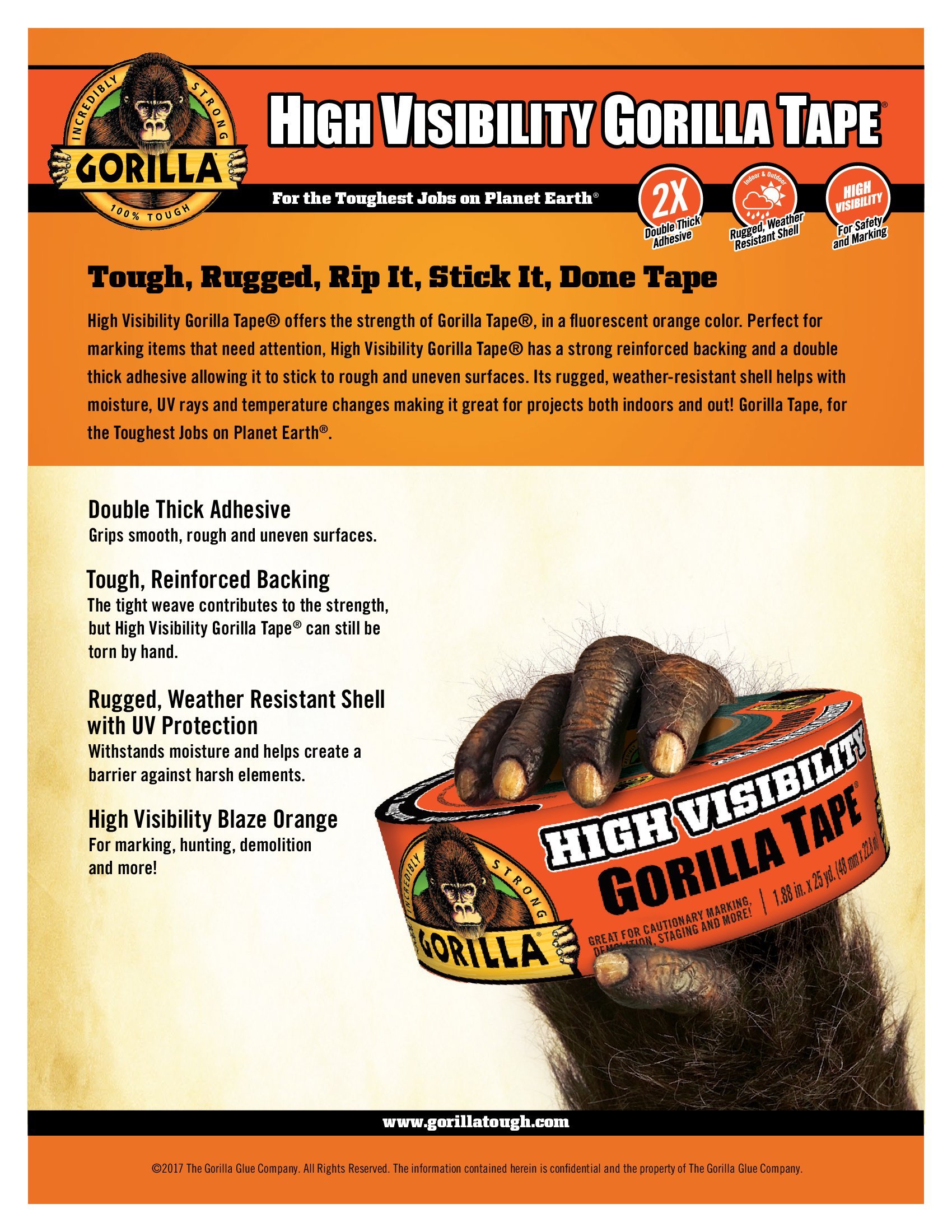 Gorilla Tape, High Visibility Duct Tape, 1.88" x 35 yd, Blaze Orange, (Pack of 1)