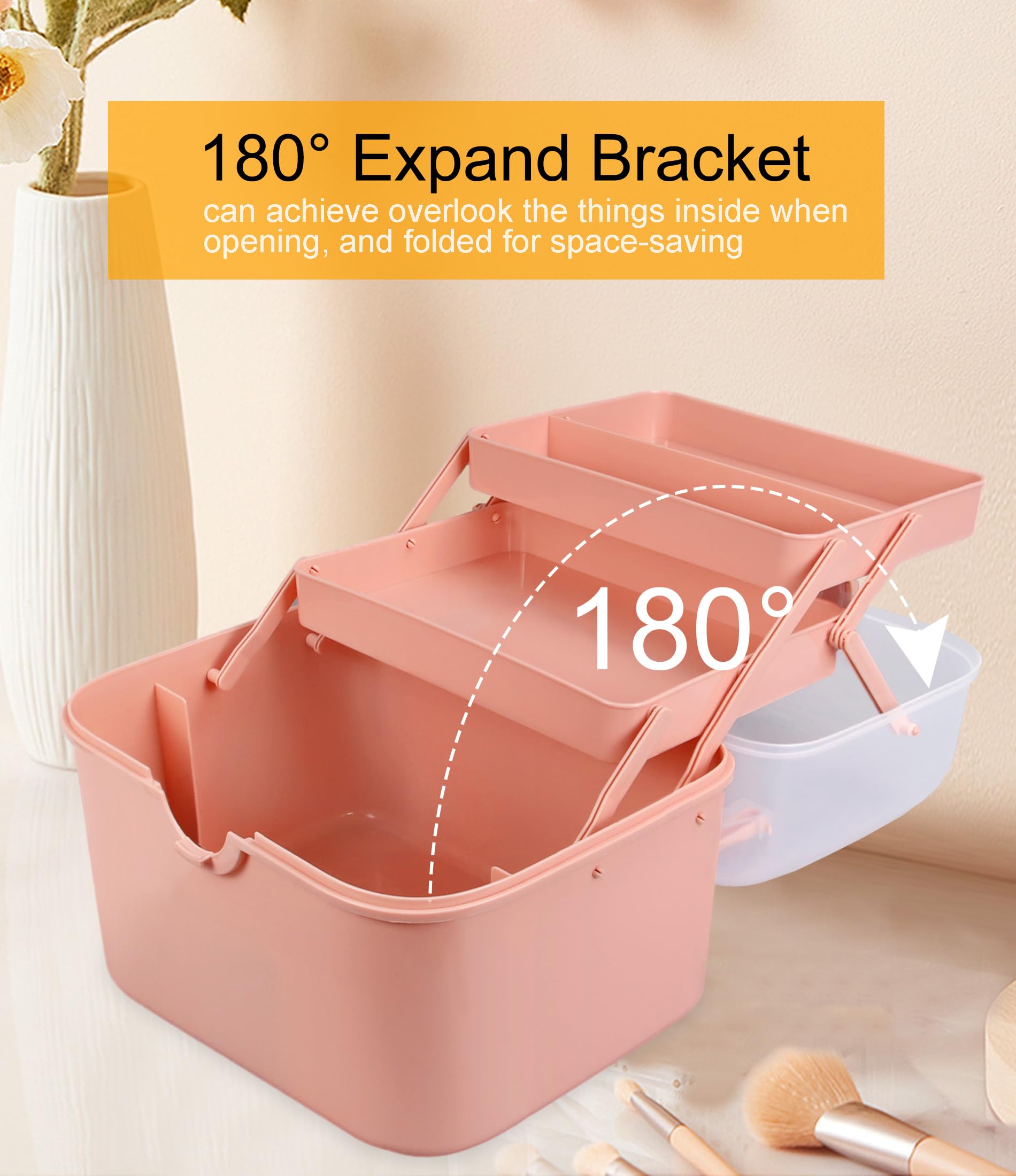 Qudqju Craft Box Organizer Pink Tackle Box Art Storage Box with Handle Sewing Box Organizer First Aid Box Girls Tackle Box Hair Accessories Organizer Travel Makeup Case 3-Layer Crafting Box