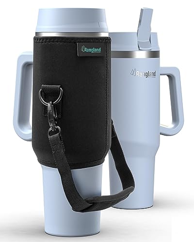 RANGLAND 40 oz Tumbler Cup with Handle and Carrier Bag, 24-Hour Insulated Water Bottle with Straw Lid, Neoprene Carrying Sleeve and Hand Strap (Feather Blue)