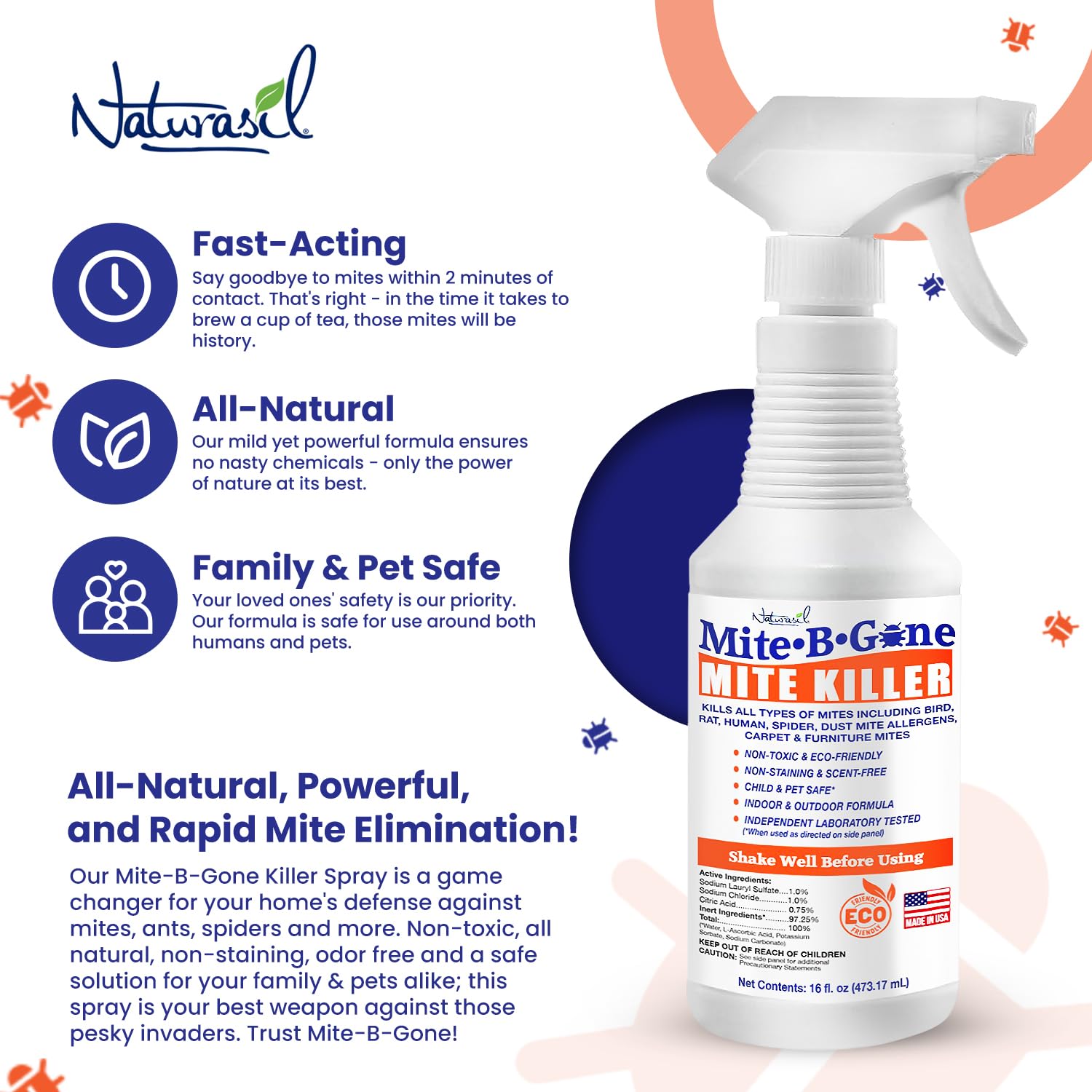 Mite Killer Spray by Mite-B-Gone β Kills Human Mites, Bird, Dust, Spider, Rat, Turkey, Carpet Mites. Treatment for Homes, Furniture, Bedding, Auto & Animals | Non-Toxic | Kid & Pet Safe | 16oz Spray