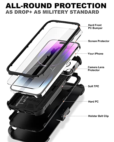 RonShieh Defender Case for iPhone 14 with Holster Belt Clip: [2pcs Screen Protectors + Camera Lens Protector] Heavy Duty Protective Shockproof Rugged Hard Phone Cover for Men, Black