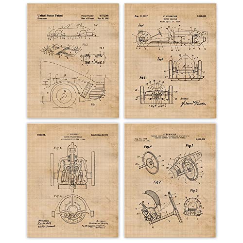 Vintage Classic Cars Patent Prints, 4 (8x10) Unframed Photos, Wall Art Decor Gifts Under 20 for Home Office Man Cave Garage Mechanic College Student Teacher Coach Porsche F1 Team Car Racing Champion