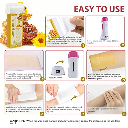 Wax Bear Roll On Wax Heater Kit for Hair Removal,Roller Wax Cartridge Depilatory Digital Temperature Display with for Personal & Professional Use,White