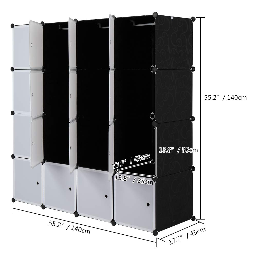 GGH Portable Wardrobe Closets, 16 Cubes,3 coat hangers,Clothes Storage Organizer with Doors,(White Door, Black Cabinet)