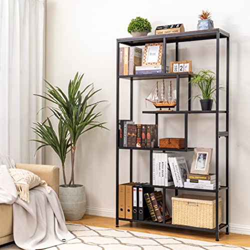 Tektalk Bookshelf,Rustic 6 Open Shelves Bookcase, Standing Book Shelf Display Bookshelves Storage Organizer Rack for Bedroom Living Room Home Office - Brown