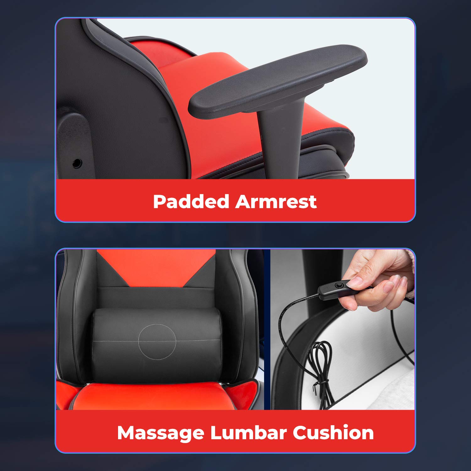 Gaming Chair Massage Office Chair Ergonomic Desk Chair with Lumbar Support Headrest Armrest Task Rolling Swivel PC E-Sports Racing Chair PU Leather Adjustable Computer Chair for Men(Red)