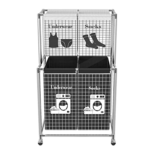 TENNTOU 2-Tier Laundry Sorter Cart with Wheel, 4 Sections Hamper, Vertical Basket Organizer, Sturdy Frame with 4-Bags for Bathroom, Living Room