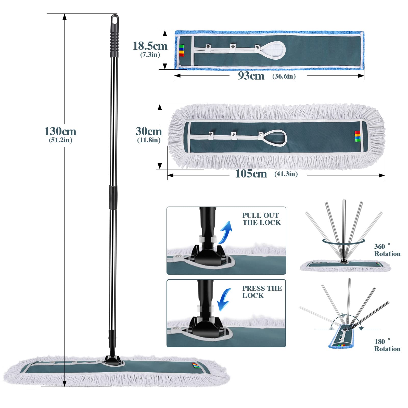 Masthome Broom and Dustpan Set with 52" Long Handle & 36" Large Industrial Dust Mop with 2 Reusable Mop Pads for Floor Cleaning