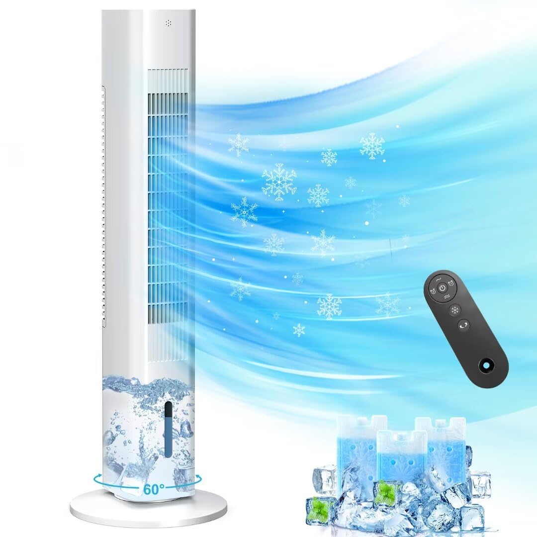 Windowless Portable Air Conditioner Ac Units with Remote, Evaporative humidifier Air Tower Cooling Fan, Small Indoor Outdoor Oscillating Swamp Cooler 7H Timer, Large White