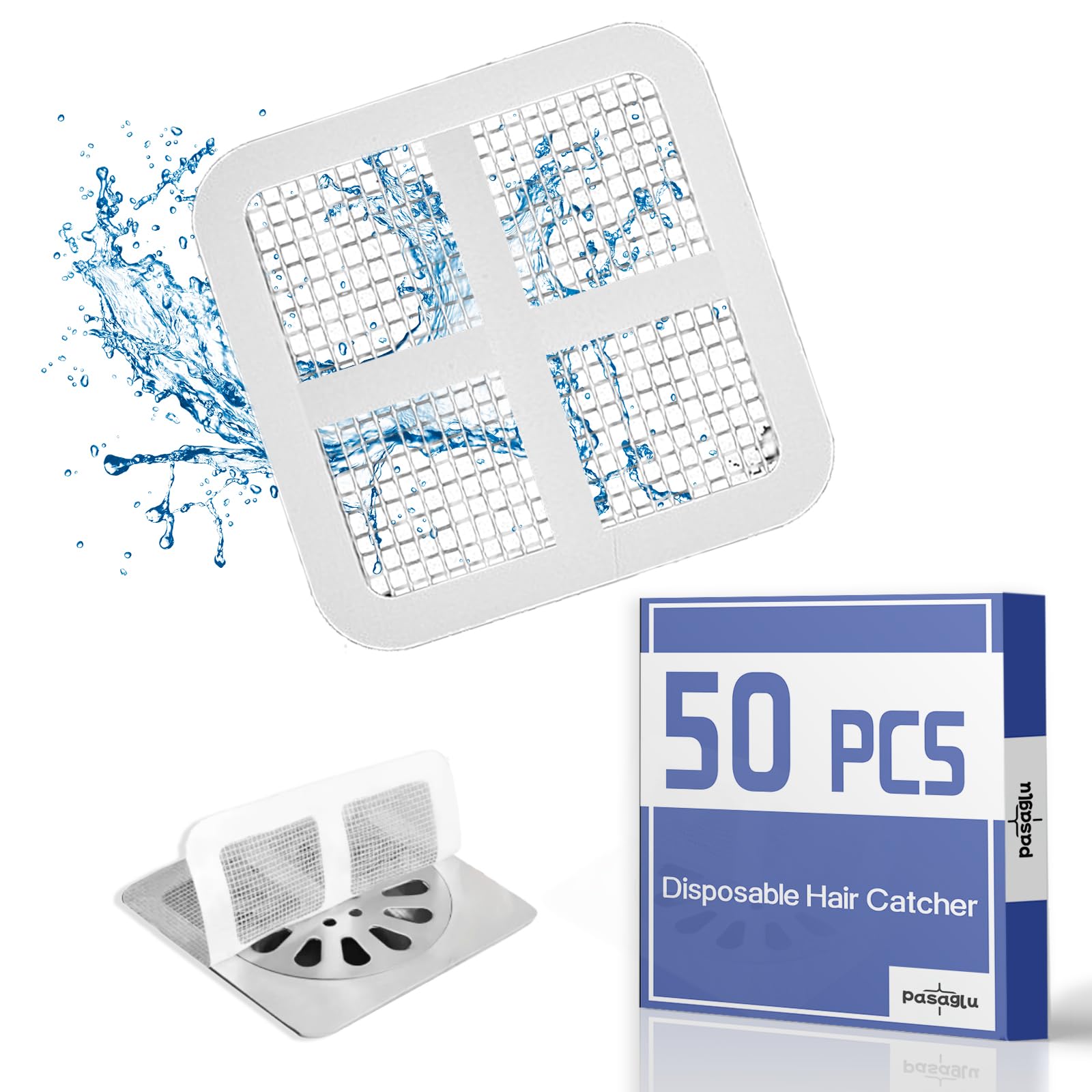 PASAGLU Disposable Drain Hair Catchers, 4" X 4" Disposable Shower Drain Mesh Stickers, Floor Drain Stickers for Bathroom, Laundry, Bathtub, Kitchen, Sink, for Human and pet Hair (50, White)