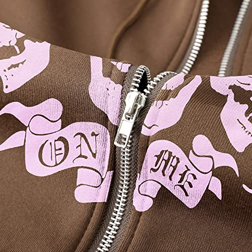 PLAYPUNK Women Rhinestone Oversized Zip Up Hoodie Y2k Skeleton Spider Skull Print Vintage Hoodies 90s Pullover Grunge Jacket Brown