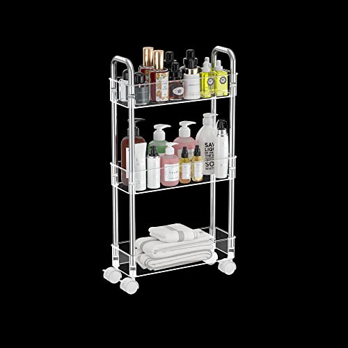 TESOIN Slim Rolling Storage Cart, 3 Tier Mobile Multipurpose Kitchen Shelf Organization Slide Out Narrow Cart, Great for Kitchen Bathroom Warehouse and More Laundry Narrow Places (Clear)