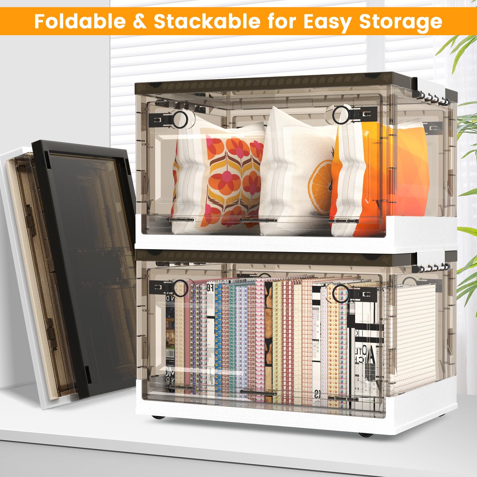 sugitek 4P 50QT Foldable Stackable Storage Bins with Lids - Clear Plastic Storage Box with Wheels for Closet Organizer, Secure Latching Buckles, Ideal for Home Office Garage Organization