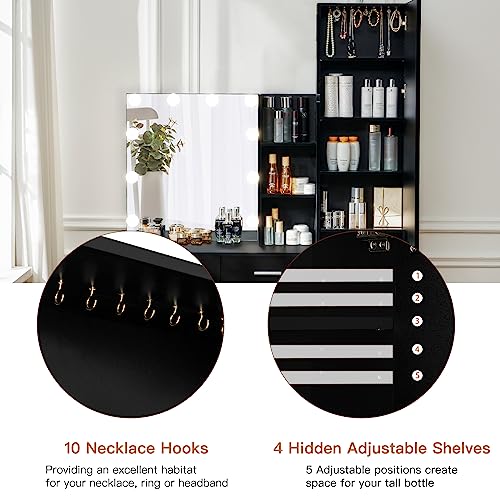 usikey 47.2" Large Vanity Desk with 10 Lights Bulbs & Full-Length Mirror, 70.9" High, Makeup Vanity with Lights and 5 Drawers, Vanity Table Set with Mirror Cabinet and 8 Storage Shelves, Black