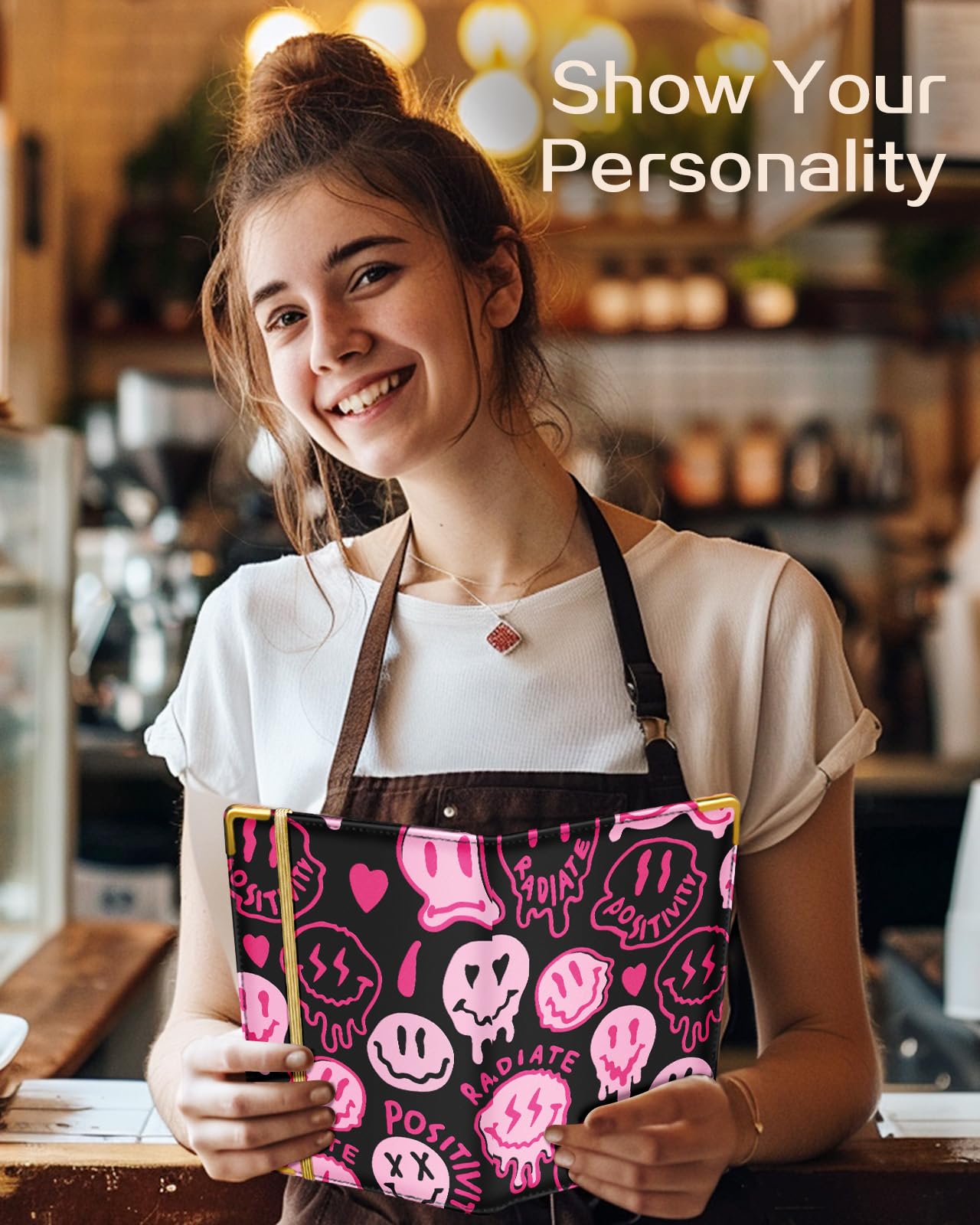 Slohif Server Book for Waitress Cute Serving Books with Zipper Pocket Accessories Leather Server Check Book Restaurant Waiter Server Booklet Ticket Book Holder Smile