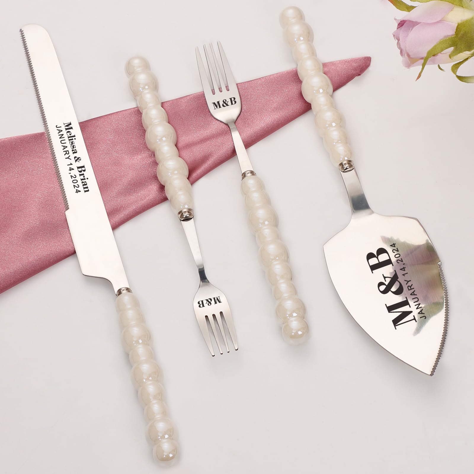 TUKDAK Pearl Wedding Cake Knife and Server Set with Forks, Cake Cutting Set with Stainless Steel Serrated Edges, Silver Pie Cutter Pizza Spatula, Gift for Bridal Couples Engagement (pearl 4pcs)