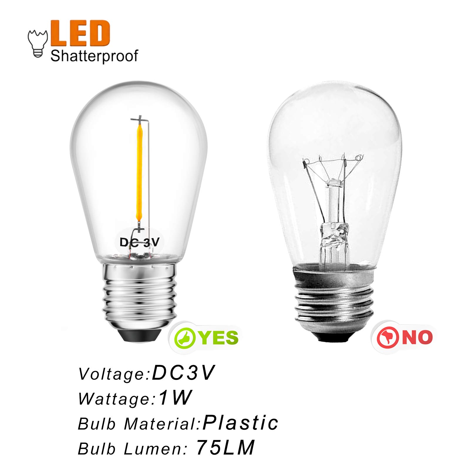 VISTERLITE LED S14 Low Voltage (DC 3V) Replacement Bulbs with E26 Base for Outdoor Solar String Lights, 15 Pack, Clear