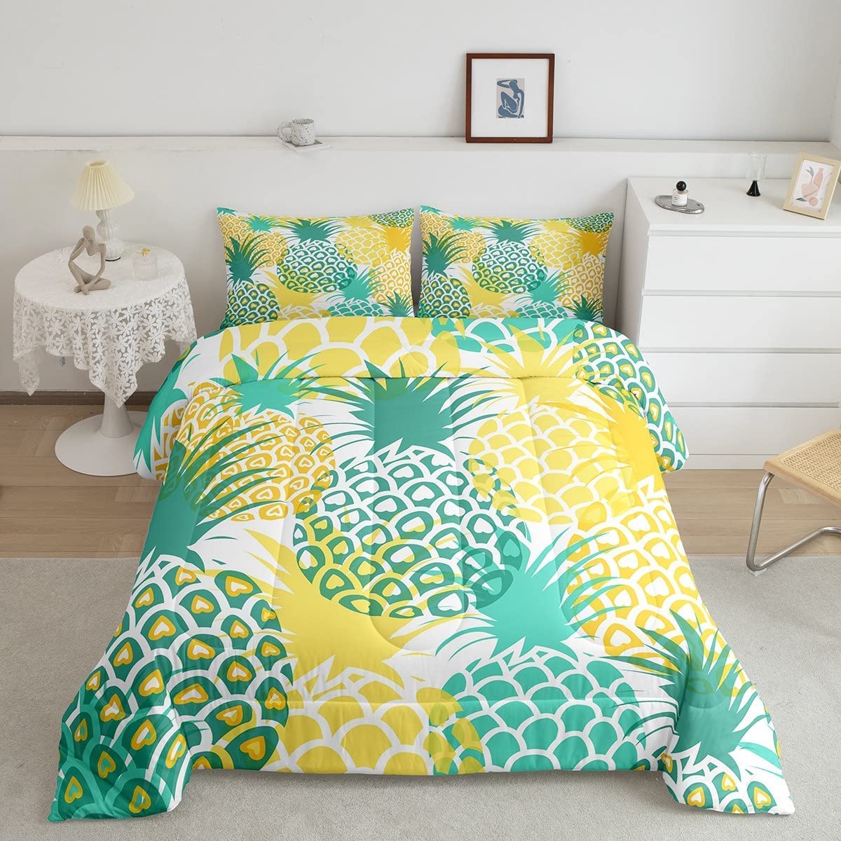 Pineapple Comforter Set with Pillow Case Green Yellow Fruit Bedding Set Girls Women King Size Comforter Tropical Pineapple Soft Comforter Set Machine Washable Boys