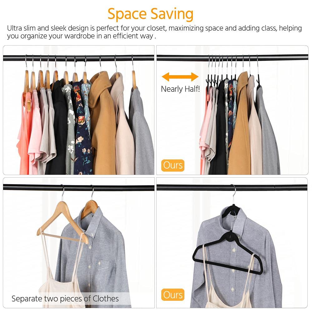 Yaheetech 100 Pack Non Slip Cascading Velvet Hangers - Standard Hangers Felt Suit Clothes Hangers Space Saving 360° Swivel Hook Black