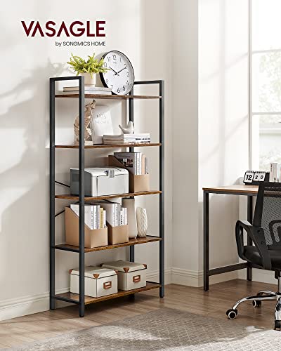 VASAGLE ALINRU Bookshelf, Bookcase, 5-Tier Storage Rack with Steel Frame, for Living Room, Office, Study, Hallway, Industrial Style, Rustic Brown and Black ULLS061B01