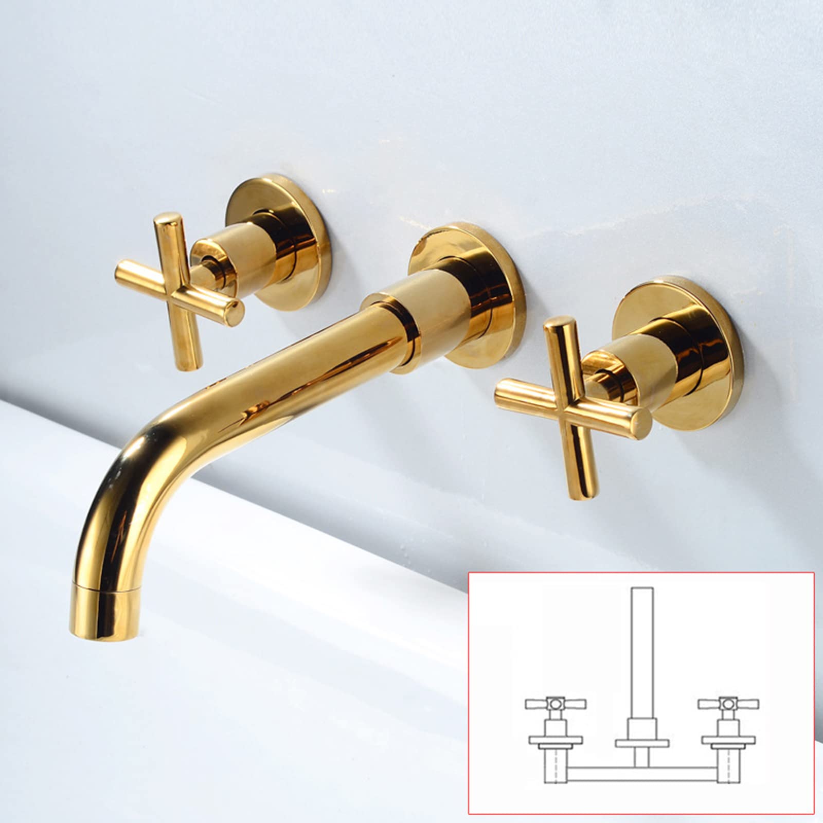 Wall Mount Bathroom Faucet,Double Handle Wall Mount Brass Basin Mixer,360 Degree Rotating Nozzle,1/2 Standard Thread,Bathroom Faucet,Gold (Color : Gold)