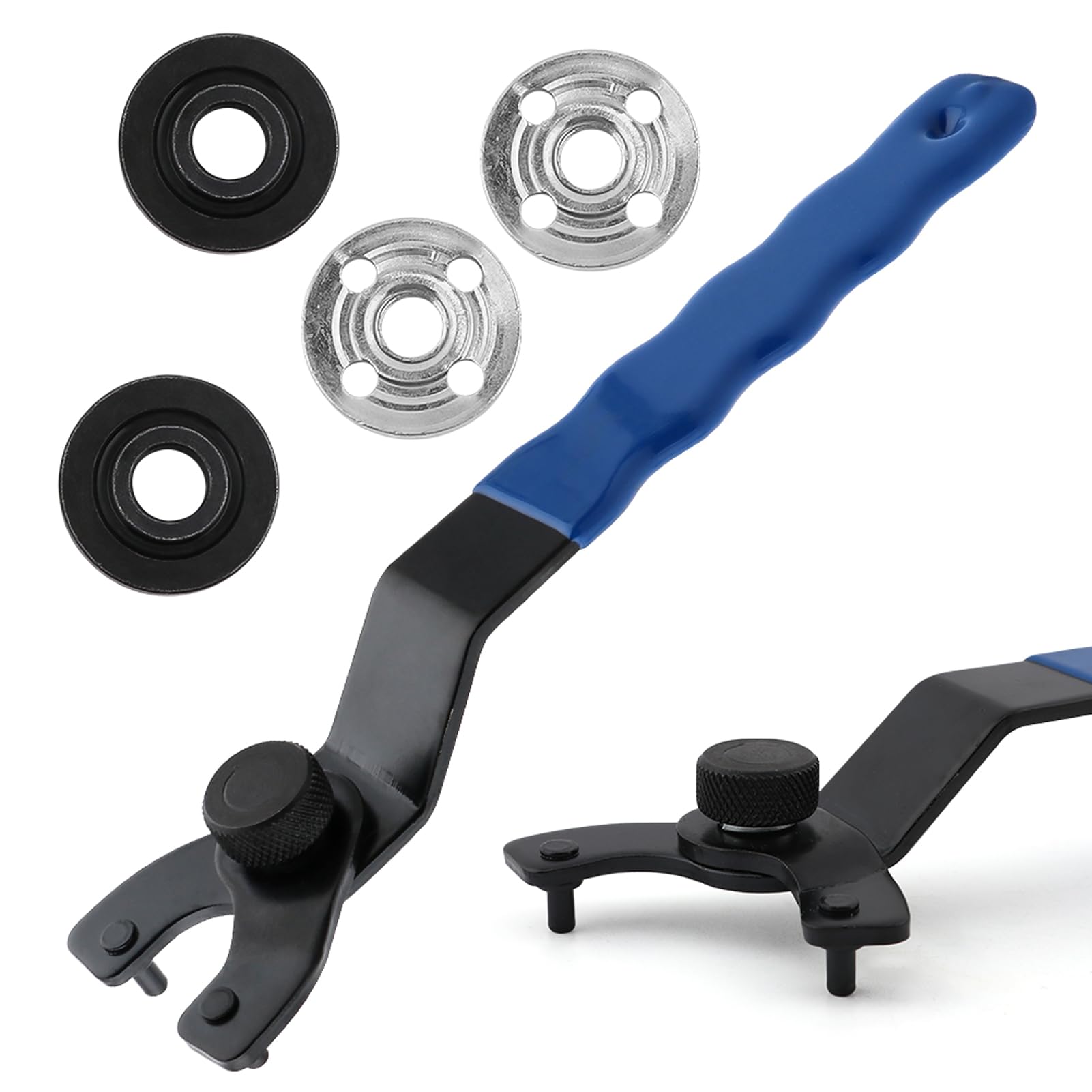 UXELY Angle Grinder Wrench with 4 pcs Angle Grinder Nut, Grinder Adjustable Spanner Wrench Flange Nut Kit for 5/8-11 Angle Grinder Power Tools Parts(COLOR:Blue+Black)