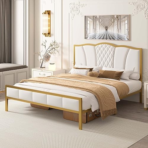 Queen Size Platform Bed Frame with Upholstered Headboard, Platform Bed Frame with Metal Frame & Sturdy Wood Slat Support, No Box Spring Needed for Bedroom Family Furniture Boys Girl (Queen, Beige)