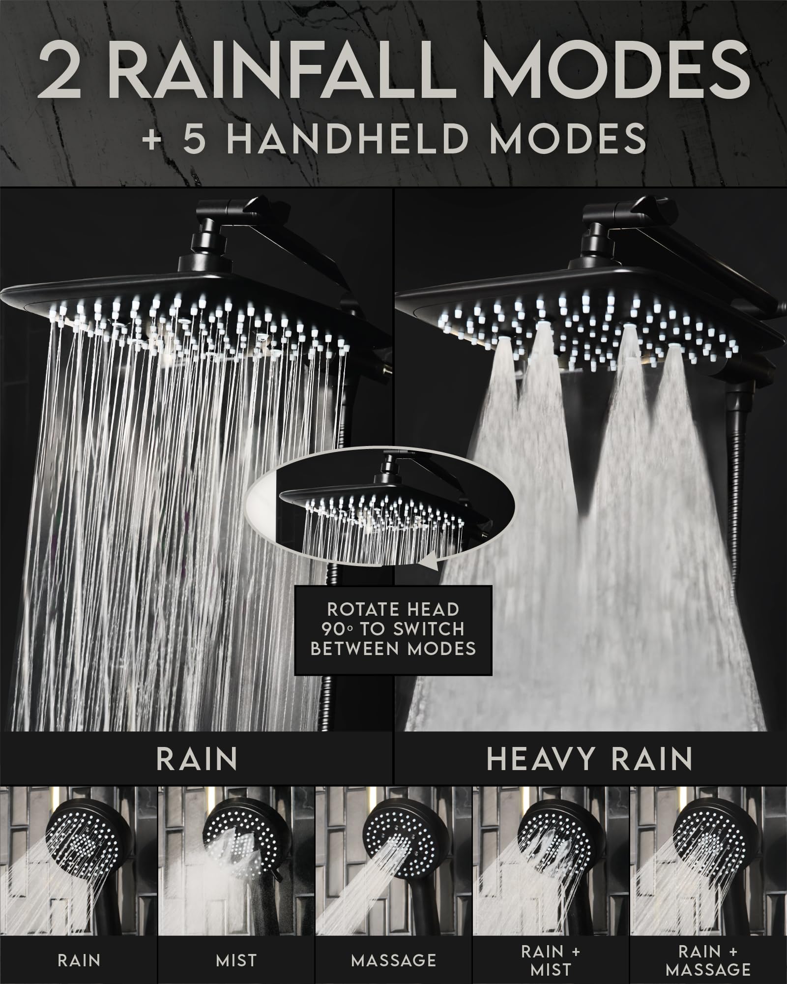 Veken High Pressure Rain Shower Head Combo with Extension Arm- Easy to Install Wide Rainfall Showerhead with 3 Water Spray Modes β Adjustable Dual Showerhead with Anti-Clog Nozzles