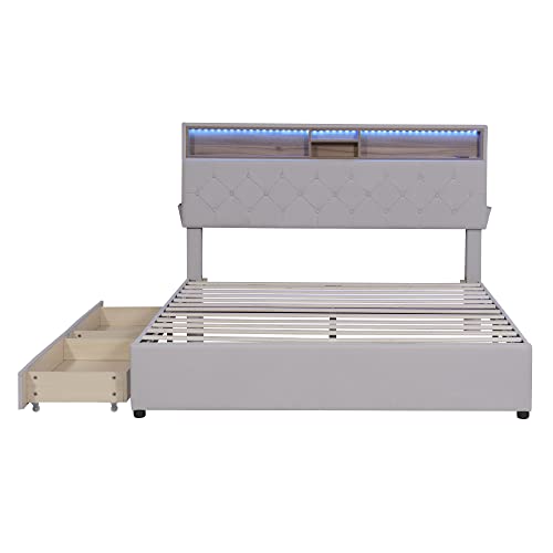 Queen Size Upholstered Platform Bed Frame for Boys Girls Kids Toddler with Storage Headboard, LED, USB Charging and 2 Drawers, Beige