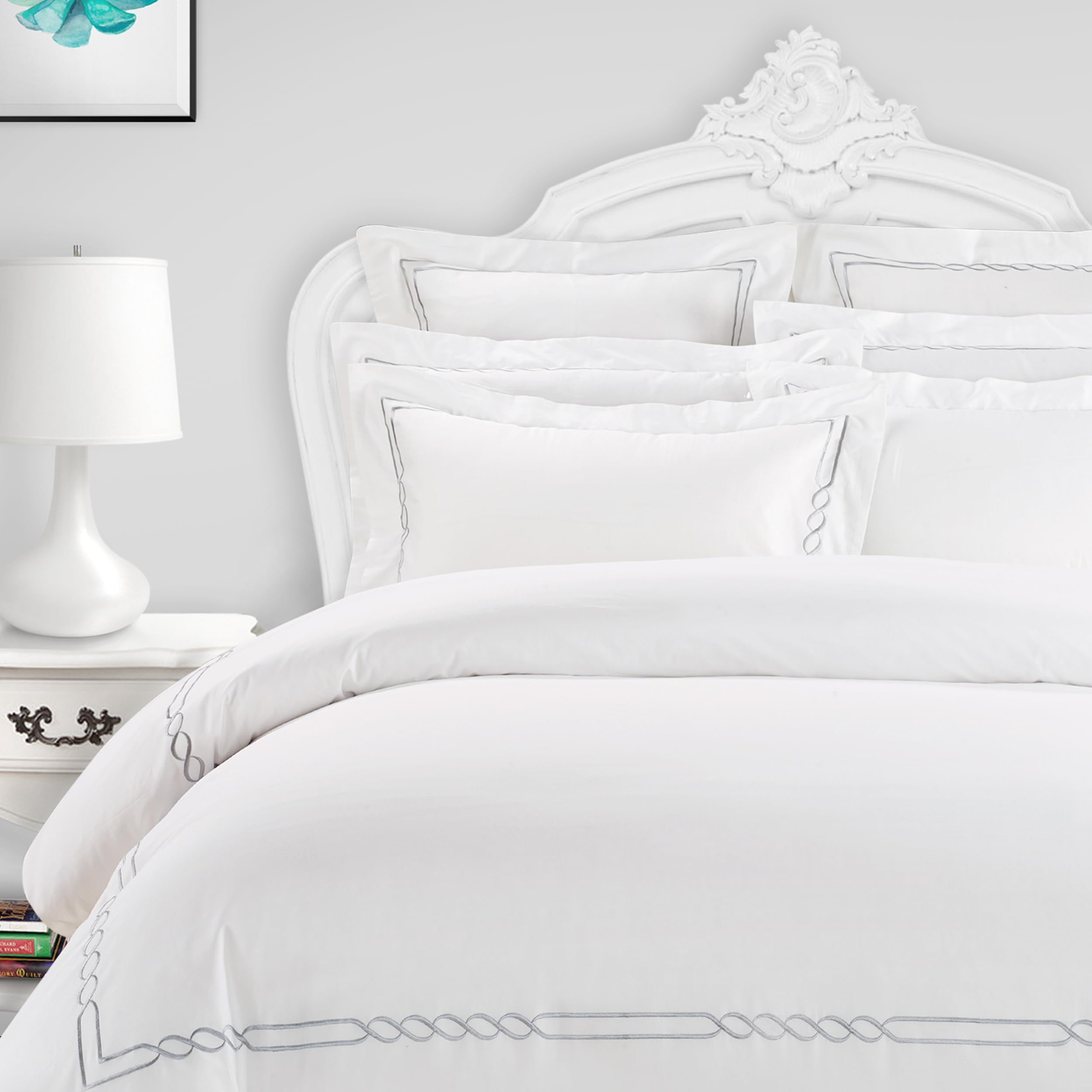 SUPERIOR Lorenz Embroidered Duvet Cover Set, Long-Staple Cotton, Full/Queen, White
