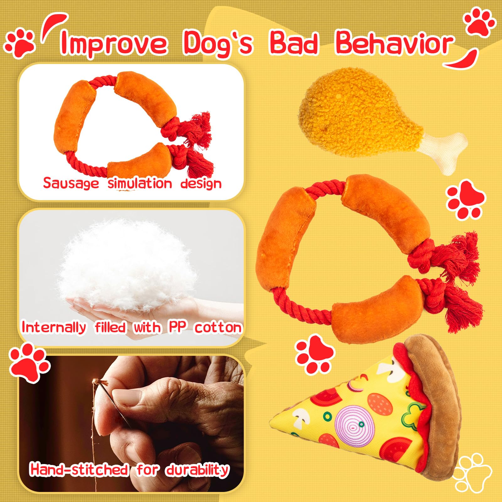 Squeaky Toys for Dogs – Fun Interactive Food-Themed Set,Pizza,Drumstick,and Sausage Rope,Durable Tug Toy and Chew Toy,Ideal for Small & Medium Dogs and Strong Chewer,Safer Non-Toxic Materials