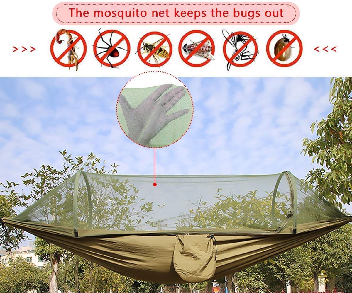 Hammock with Mosquito Net, 2 Person Outdoor Travel Hammock Lightweight Nylon Portable Hammock with Net and 2 x Tree Straps for Camping Hiking (Army Green, 250 120cm)