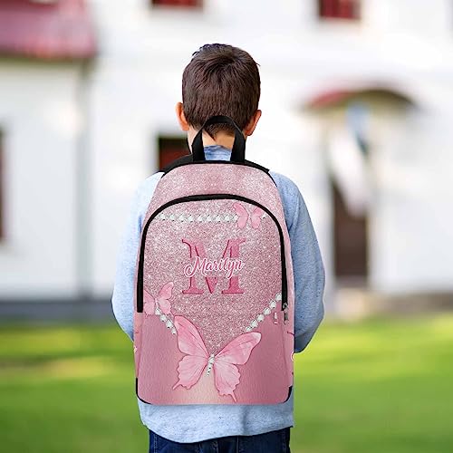 Personalized School Backpack with Name Text Pink Butterfly Diamond Custom Bookbag for Kids Boys Girls, Waterproof Elementary Customize Book Bag with Adjustable Shoulder Straps for School Travel
