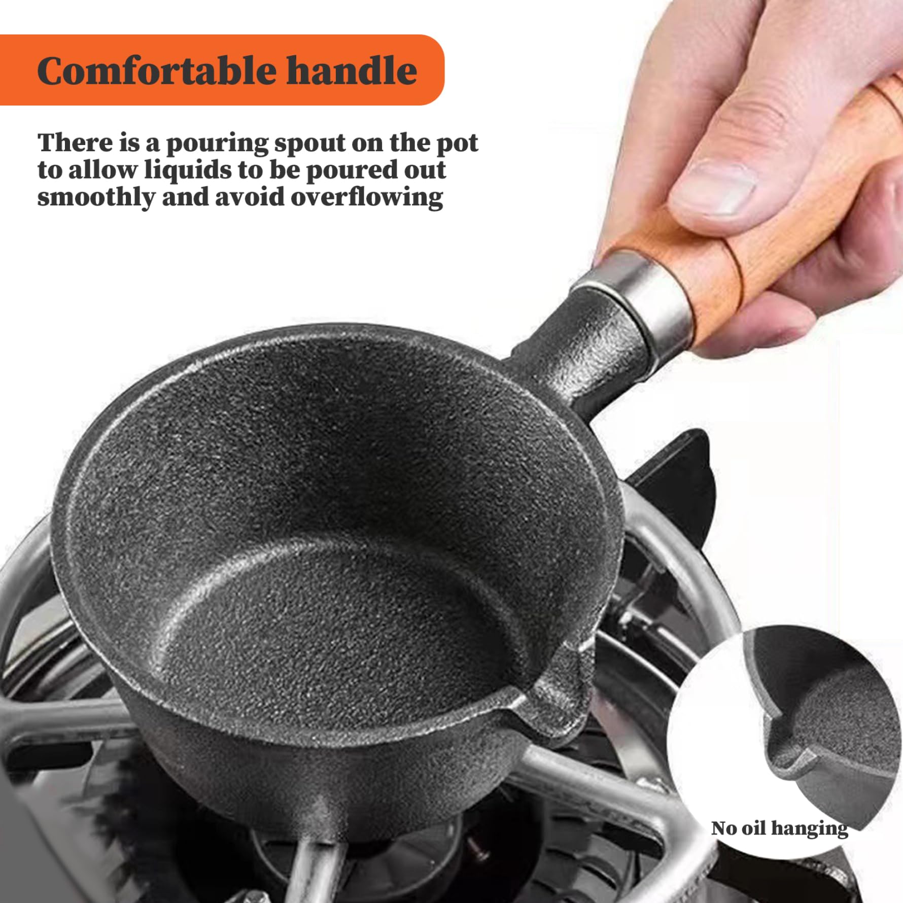 Small Cast Iron Pot Butter Melting Pot, Non-stick Cast Iron Sauce Pot with Wood Handle, Small Cast Iron Melting Pot, Hanging Butter Warmer for Milk Type 1
