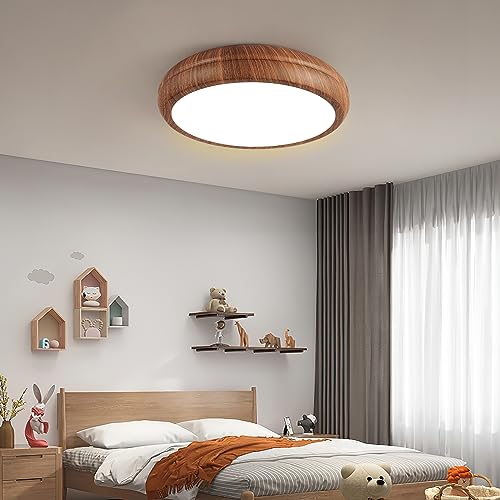 POLITAMP Modern Flush Mount Ceiling Light Fixture 12 Inch LED Light Fixtures, 18W Minimalist Round Shaped Wood Grain Ceiling Lamp 4000K, Not Dimmable