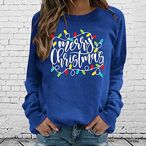 Pullovers For Women Funny Christmas T-Shirt Long Sleeve Sweatshirts Flowy All-match Pullovers Baseball T-Shirt Blue