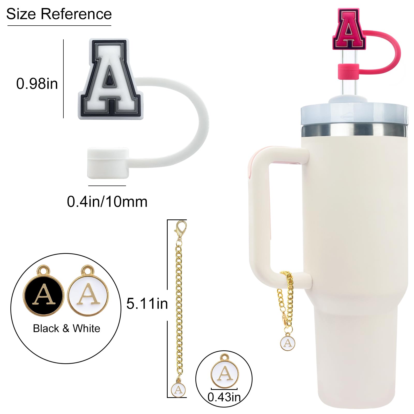 Velaco 4 PCS Initial Letter Charm Accessories and Straw Cover Pack- Chains with Initial Letter for Stanley 20 30 40 oz Tumbler with Handle