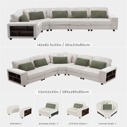 Sectional Sofa Couches for Living Room: 142" Oversized Modular L Shaped Sofas with Storage - Beige 5 Seats Corner Sofa Faux Fur Plush Fabric Orange Pillows