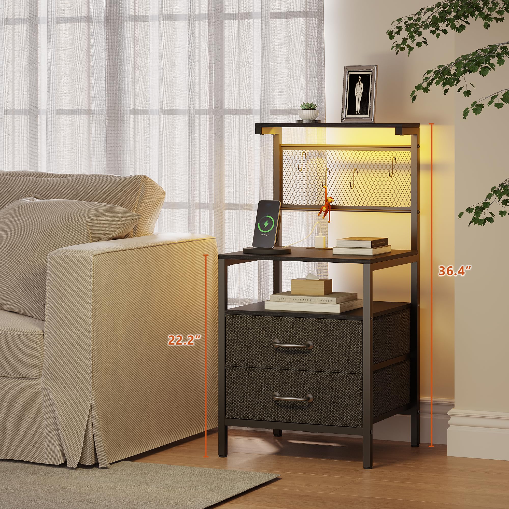 TRIFEBLE Tall Nightstand Set of 2 with Charging Station and LED Lights, Night Stand with Fabric Drawers, Bedside Table 36.4 Inch with Storage Shelves, Side Table, Mesh Shelves with Hooks, Rustic Brown