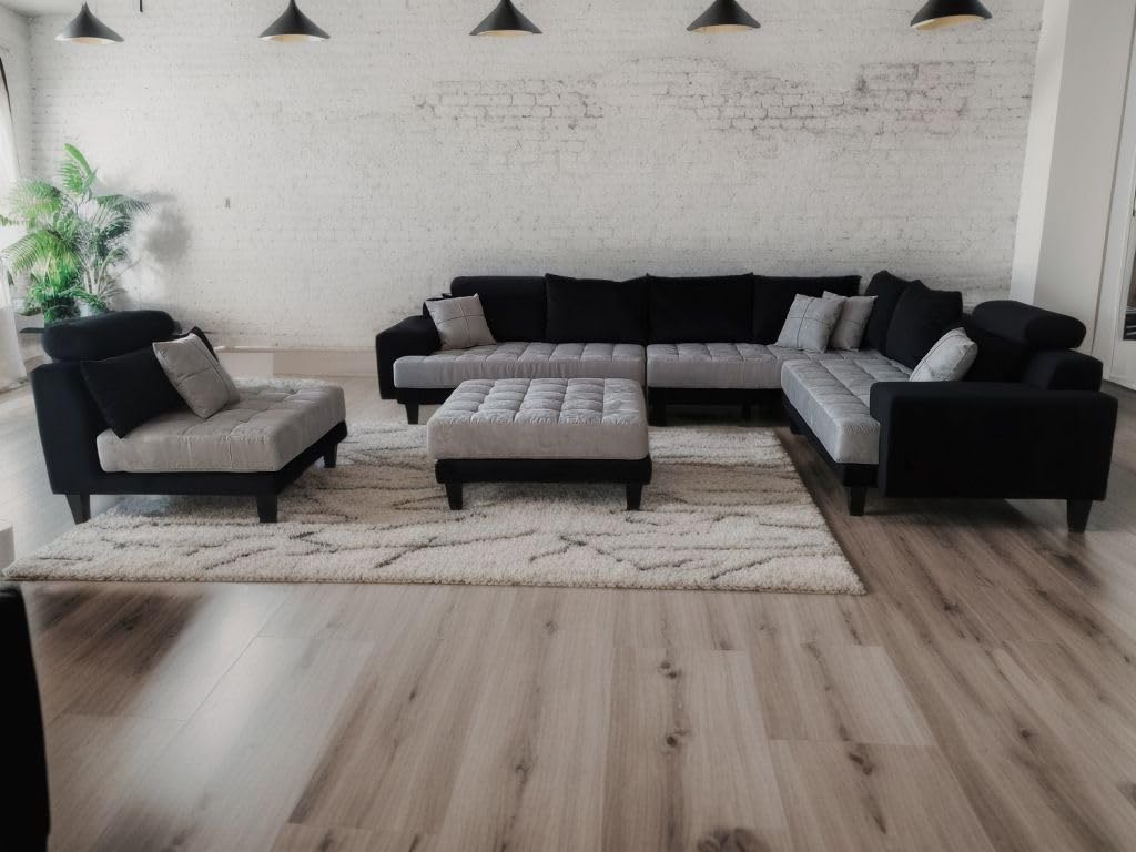 Stendmar L Shape U Shape Reversible Modern Microfiber Fabric Sectional Couch Sofa Set S150D (S150DBK-Black, 142-182" L x 110-150" D x 35" H)