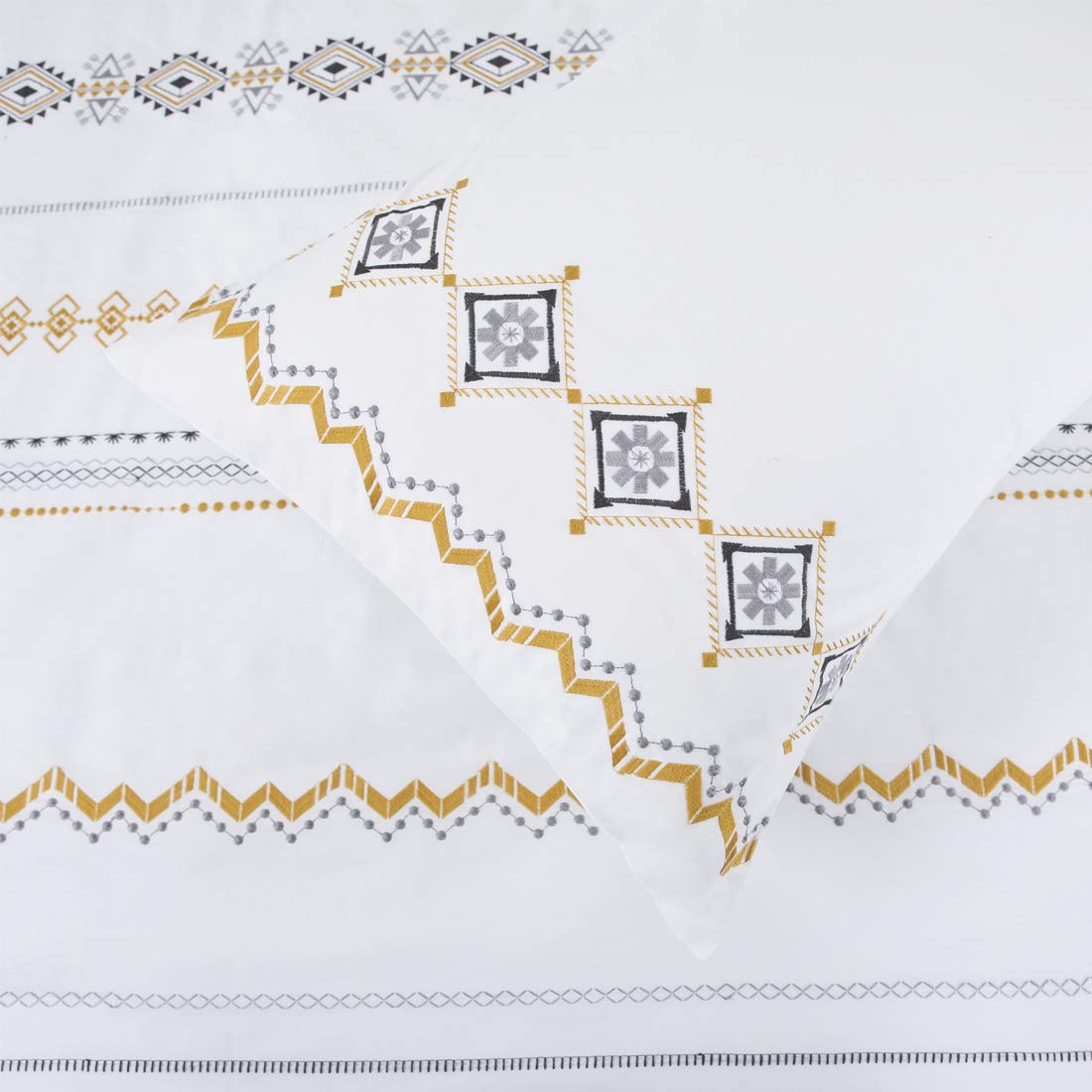 YINFUNG Boho Duvet Cover Set White Queen Moroccan Stripe Aztec Geometric Yellow Grey Ethic Tribal Bohemian Vibrant Textured 90x90 Cotton Bedding Set Embroidered Zip Embroidered 3 Pieces