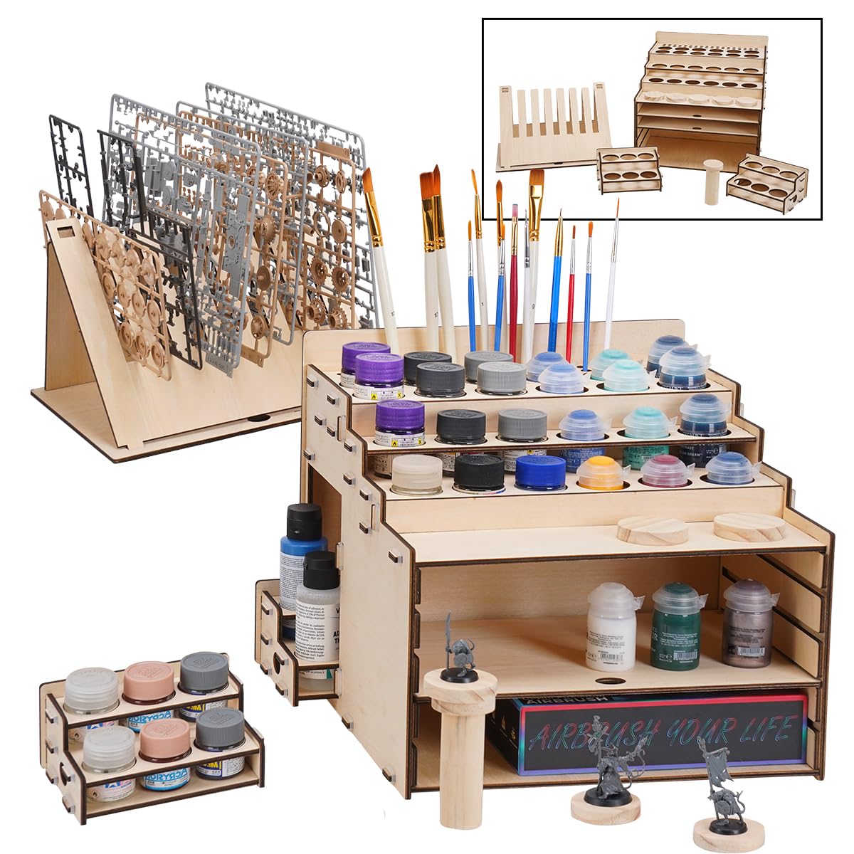 T TOGUSH Wooden Paint Organizer for 36 Holes of Citadel Paints and 36 Holes of Paint Brushes with Adjustable Storage wtih Model Pieces Shelf, Miniature Stands Holder Paint Rack for Miniature Paint Set