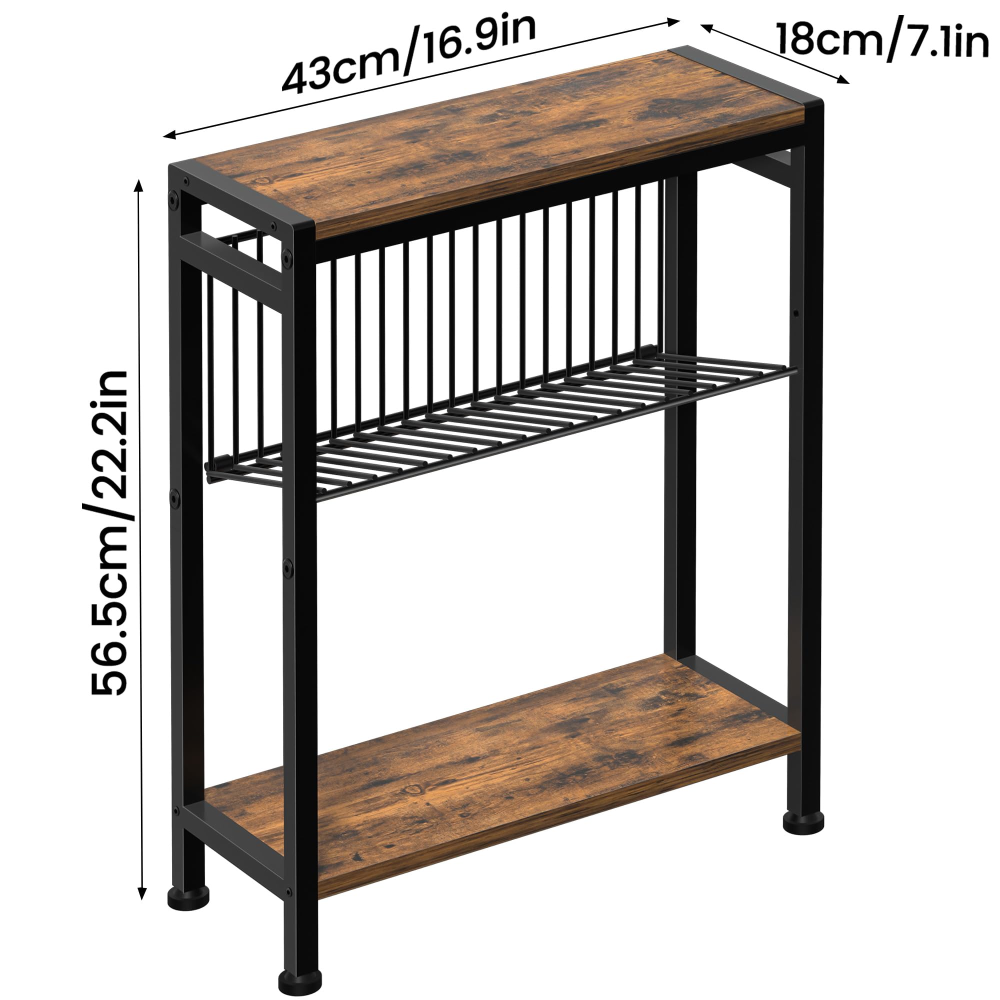 Small Side Table Set of 2 for Small Space, 3-Tier Narrow End Table with Magazine Holder, Slim Nightstand, Skinny Snack Couch Table in Living Room, Bedroom and Balcony (Rustic Brown &Black)