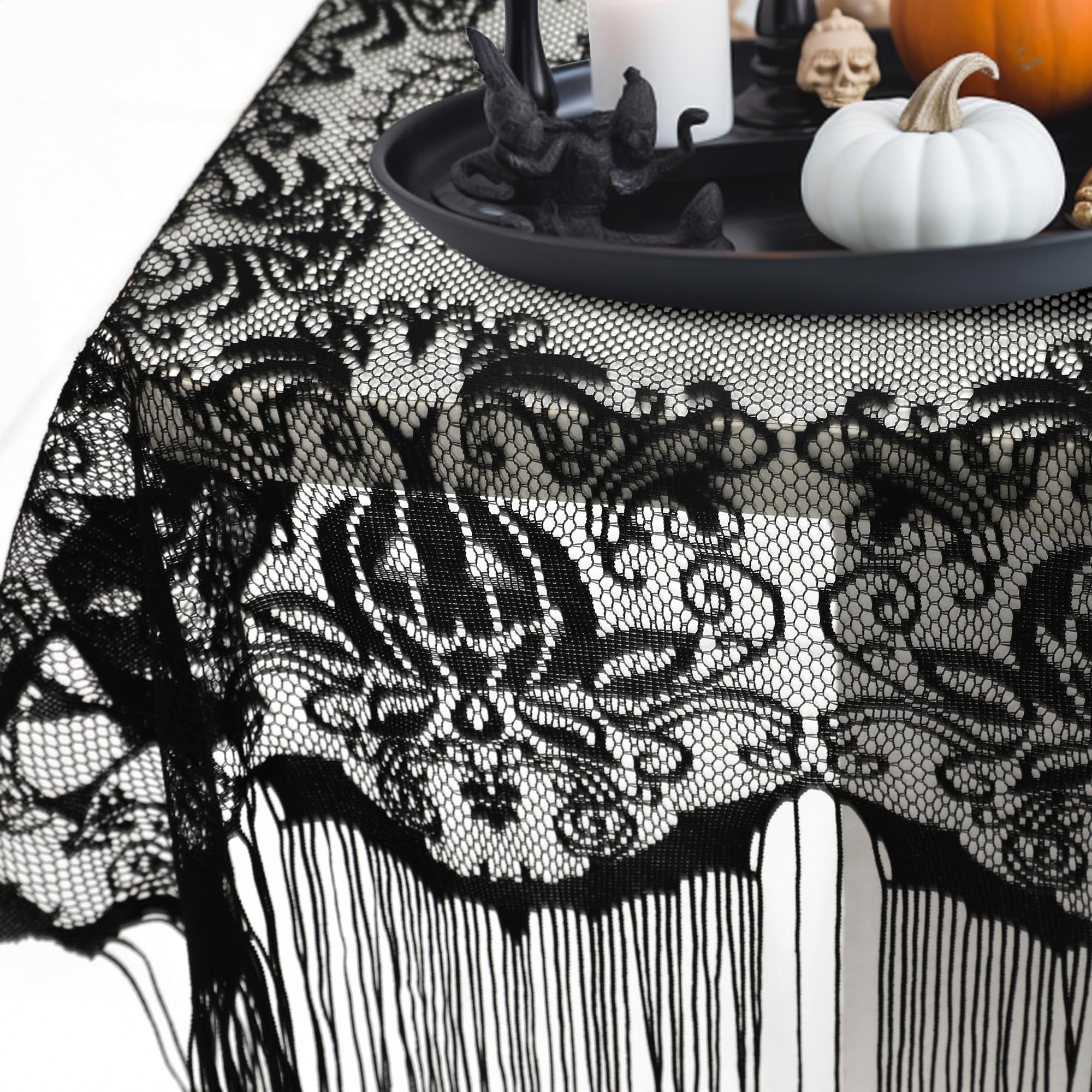 OWENIE Halloween Tablecloth, Skull Lace Fabric Tablecloths with Tassel, Black Pumpkin Table Cloths Table Cover for Rectangle Tables for Parties Gothic Halloween Home Decorations, 52x52 Inch