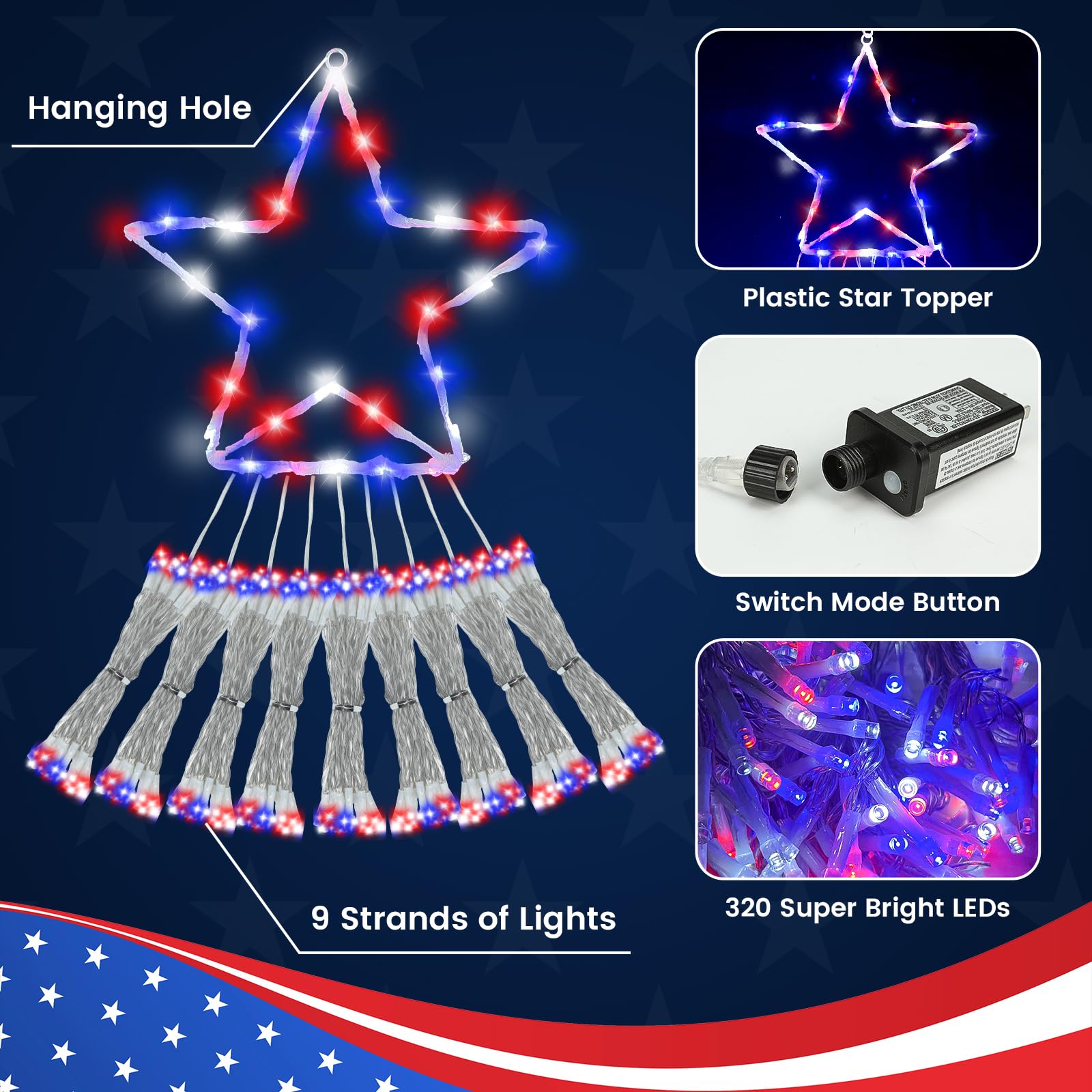 FUNIAO Christmas Decoration Lights, 320 LED Star String Lights Tree Topper Lights with 12" Star for Yard, Garden, New Year, Wedding, Party - Red&Green