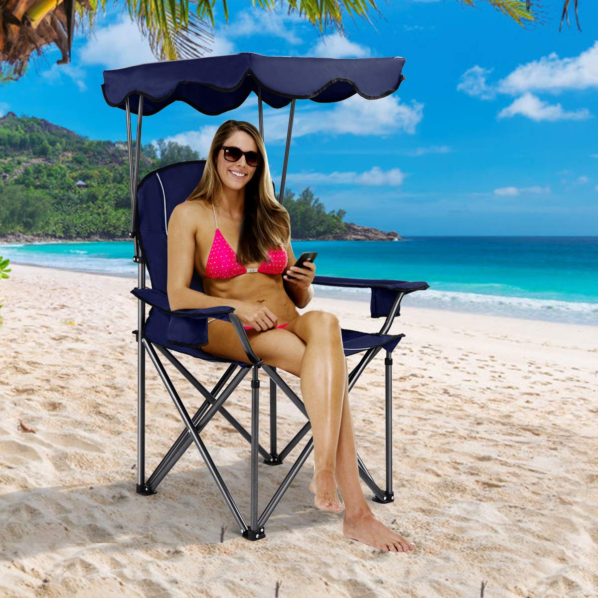 GYMAX Canopy Camping Chair, Folding Sport Chair with Sunshade & Carrying Bag, Portable Heavy Duty Chair for Beach, Poolside, Travel Picnic (Blue)