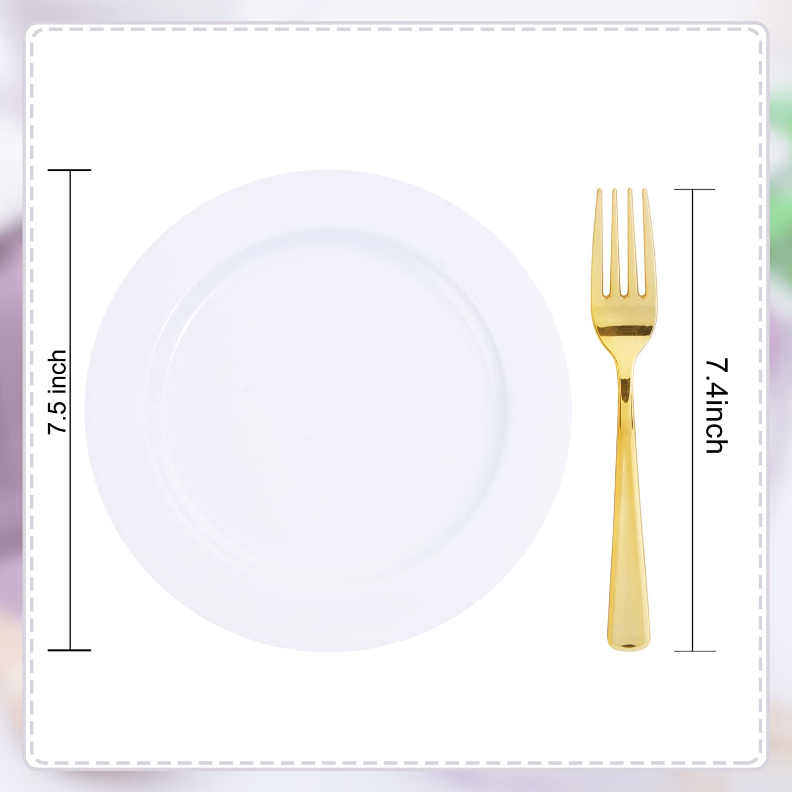 WELLIFE 200 Pieces White Plastic Dessert Plates with Gold Disposable Forks, Premium Hard Plastic Dessert Plates 7.5β, Appetizer Plastic Plates for Christmas, Wedding, Party