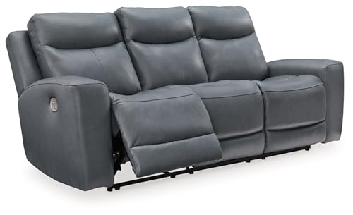 Signature Design by Ashley Mindanao Contemporary Leather Match Upholstered Power Reclining Sofa with Adjustable Headrest and USB Ports, Gray