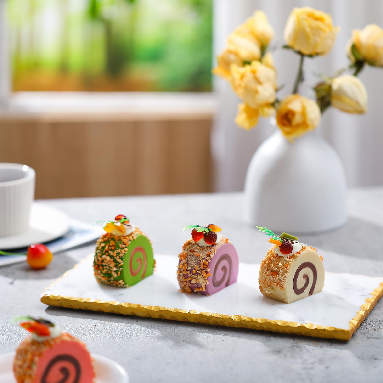 Newtay Marble Tray with Golden Foiling Natural Marble Board White Marble Slab Candle Plate Marble Tray for Kitchen Counter Cheese Charcuterie Wedding Gift House Warming Gift(9" X 6")