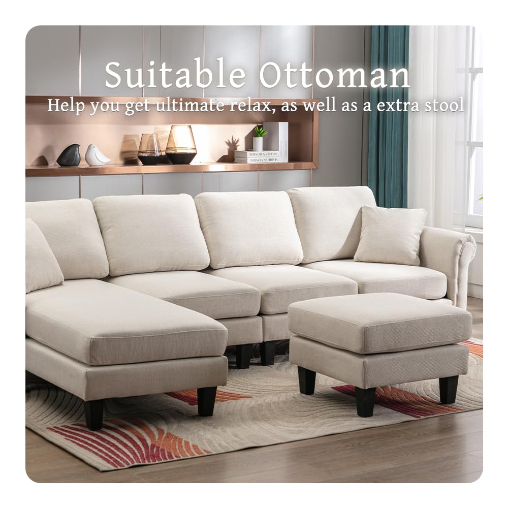 STLVUEO Modern Sectional Sofa, Living Room Combo Sofas Couch, L-Shaped Couches Chaise Lounge Sofa with Ottoman Set, Plastic Feet, for Living Room, Office, Studio, Condo, Beige